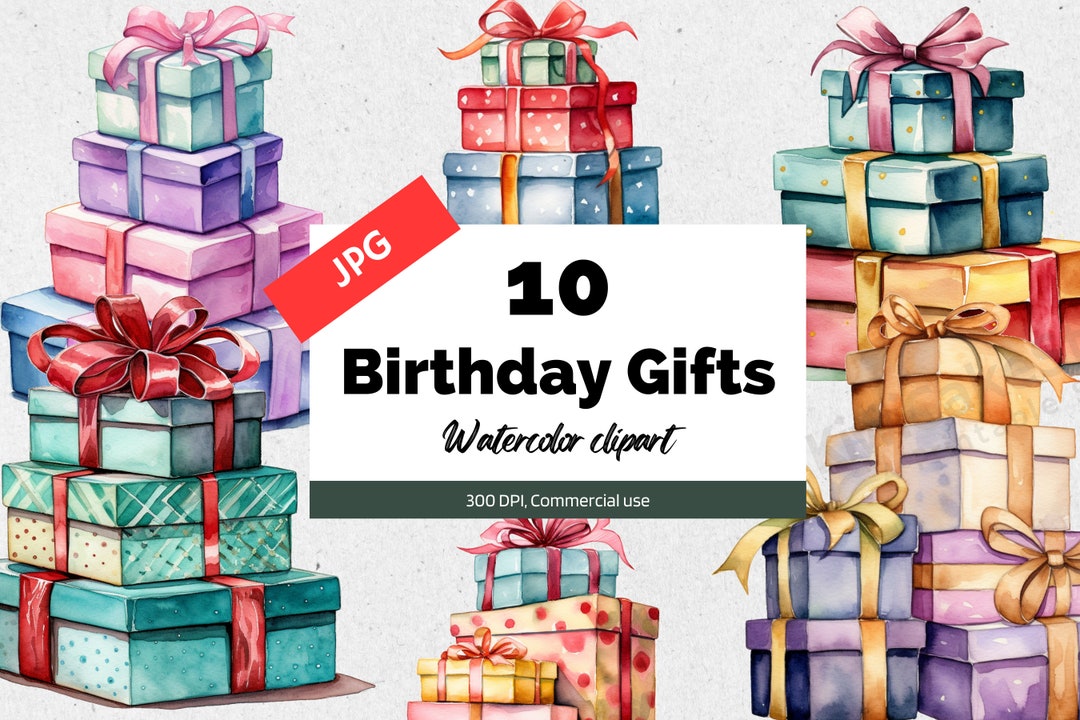 Watercolor Birthday Party Gifts Clipart, 10 High Quality Jpgs, Card ...