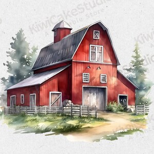 Watercolor Farmhouse Clipart, Red Barn, Farm House Bundle PNG, Farmers ...