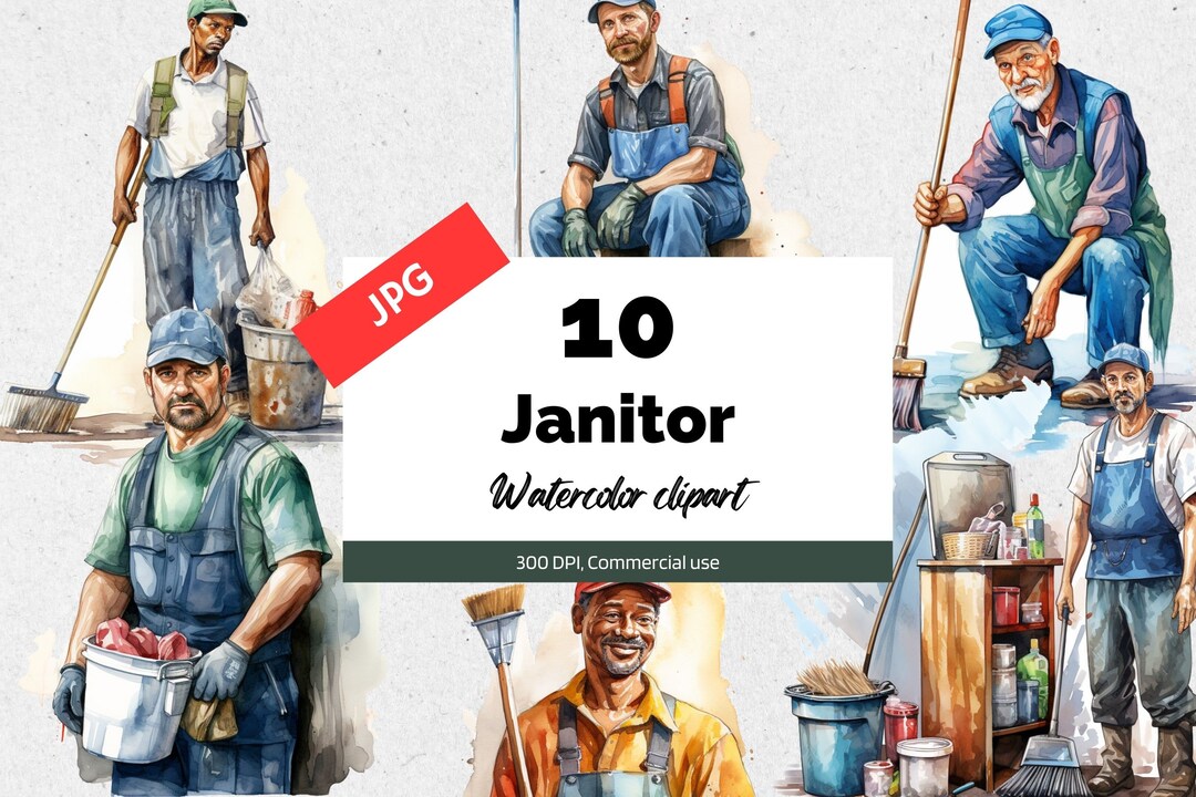 Watercolor Janitor Clipart, 10 High Quality Jpgs, Commercial License ...