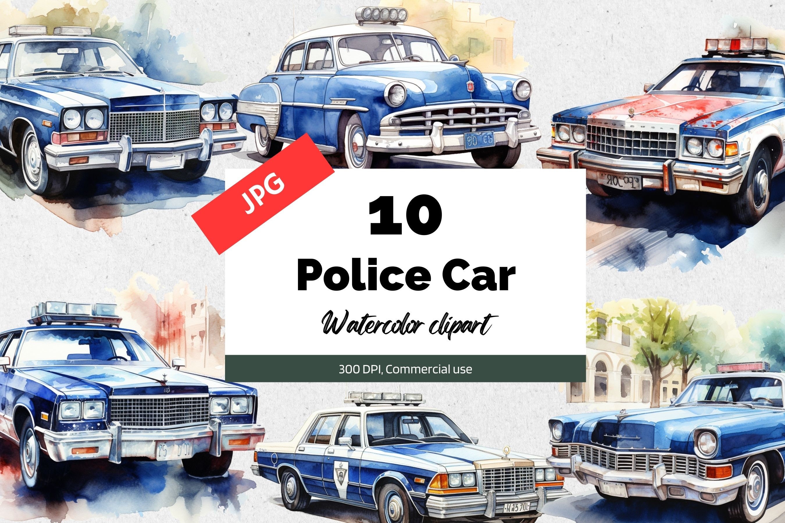 Watercolor Police Car Clipart, 10 High Quality Jpgs, Commercial Use ...