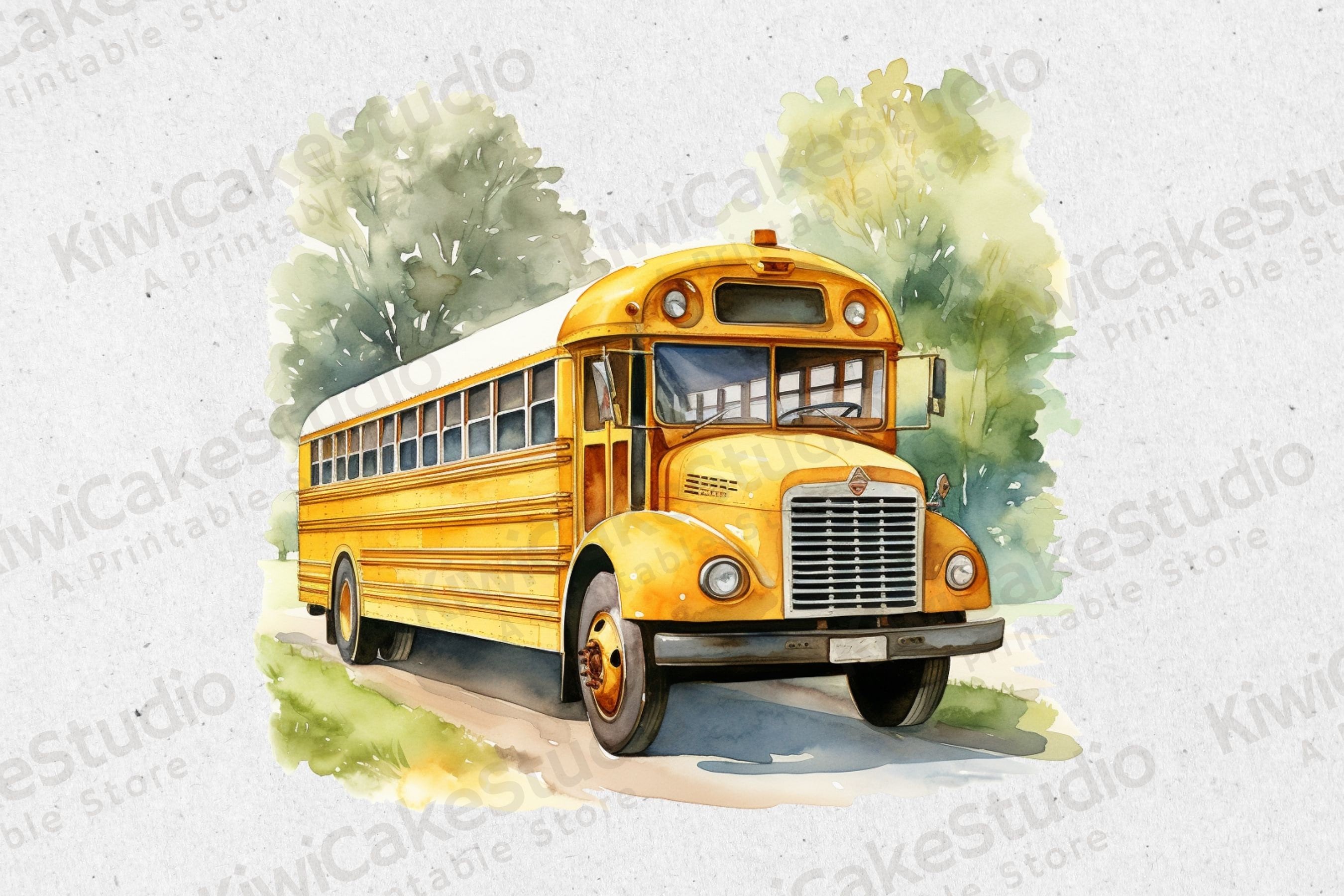 Watercolor School Bus Clipart, 10 High Quality Jpgs, Commercial Use ...