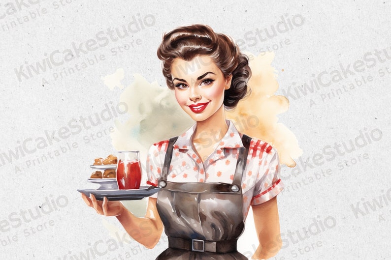 Watercolor Retro Waitress Clipart, 10 High Quality Jpgs, Commercial Use ...