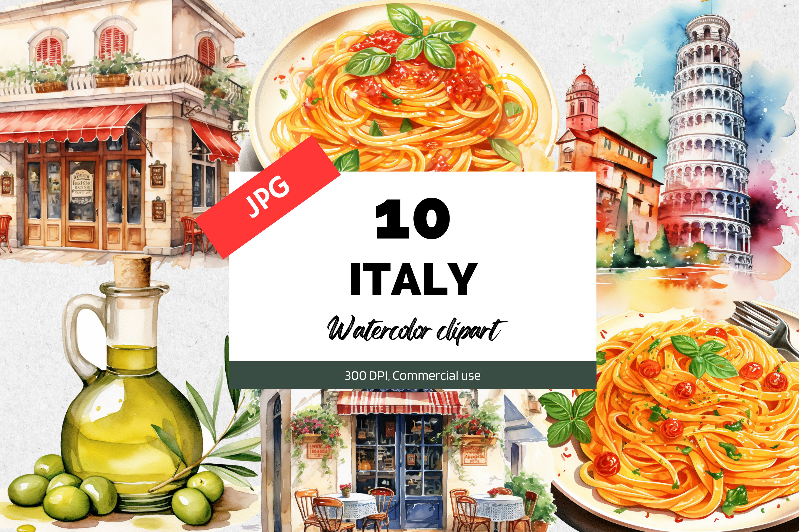 Watercolor Italy Theme Clipart, 10 High Quality Jpgs, Card Making ...
