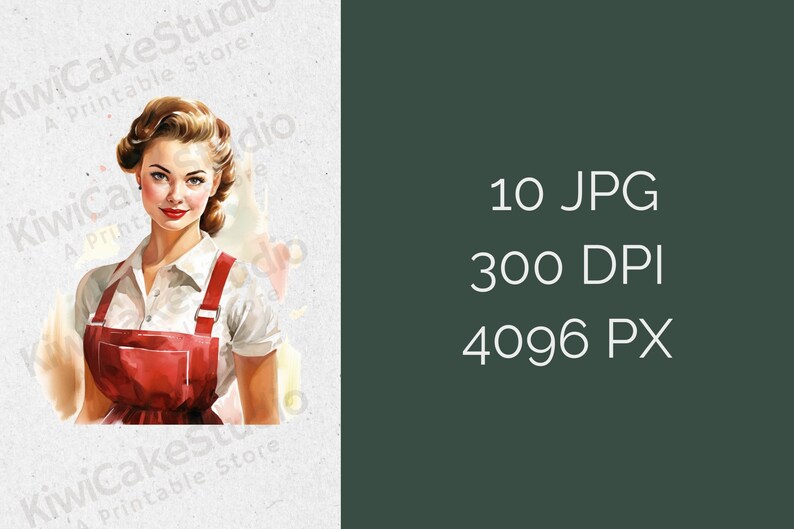 Watercolor Retro Waitress Clipart, 10 High Quality Jpgs, Commercial Use ...