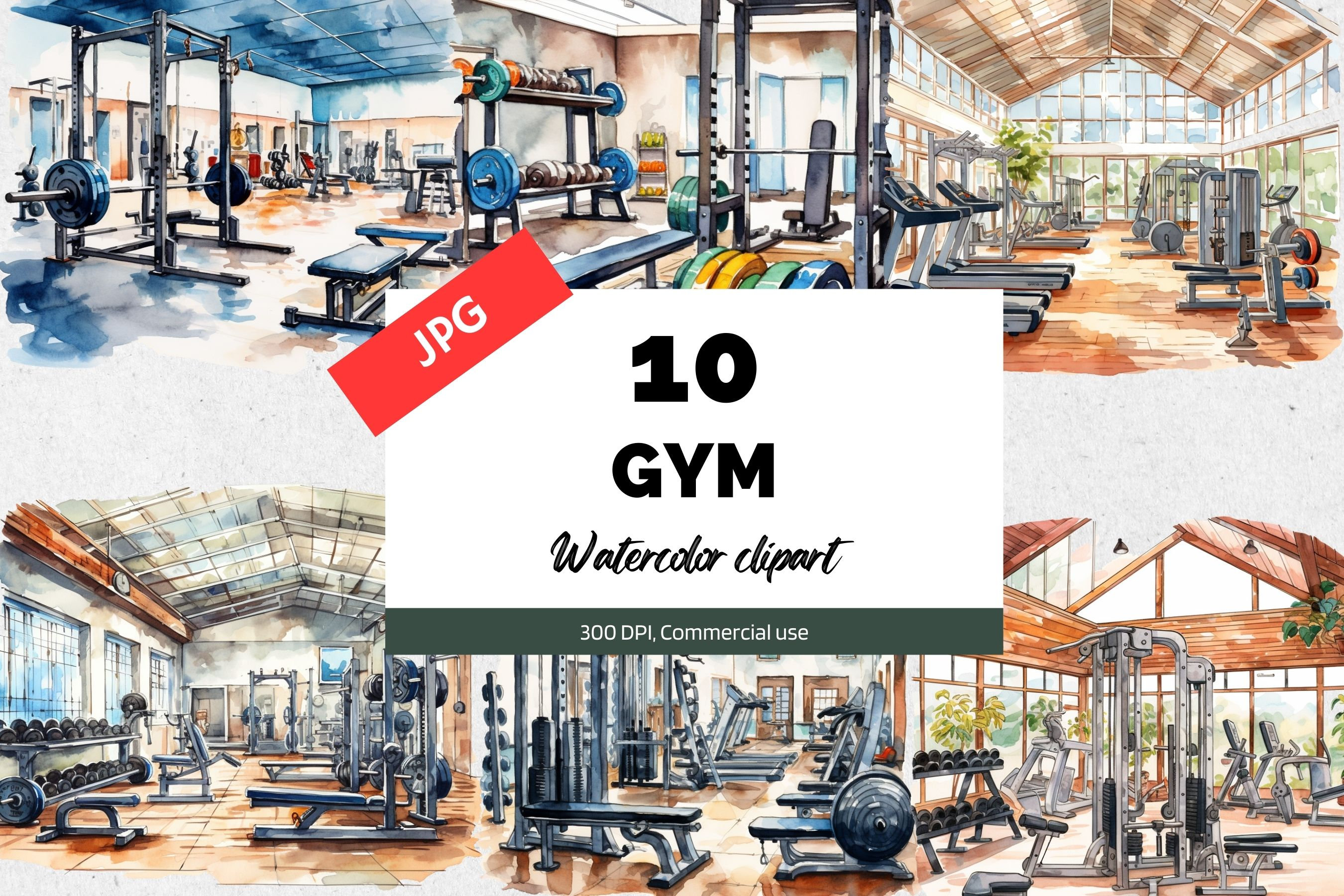 Watercolor Gym Clipart, 10 High Quality Jpgs, Commercial Use, Instant ...