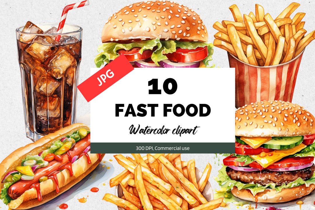 Watercolor Fast Food Clipart, 10 High Quality Jpgs, Commercial Use ...
