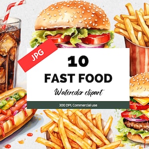 Watercolor Fast Food Clipart, 10 High Quality Jpgs, Commercial Use ...