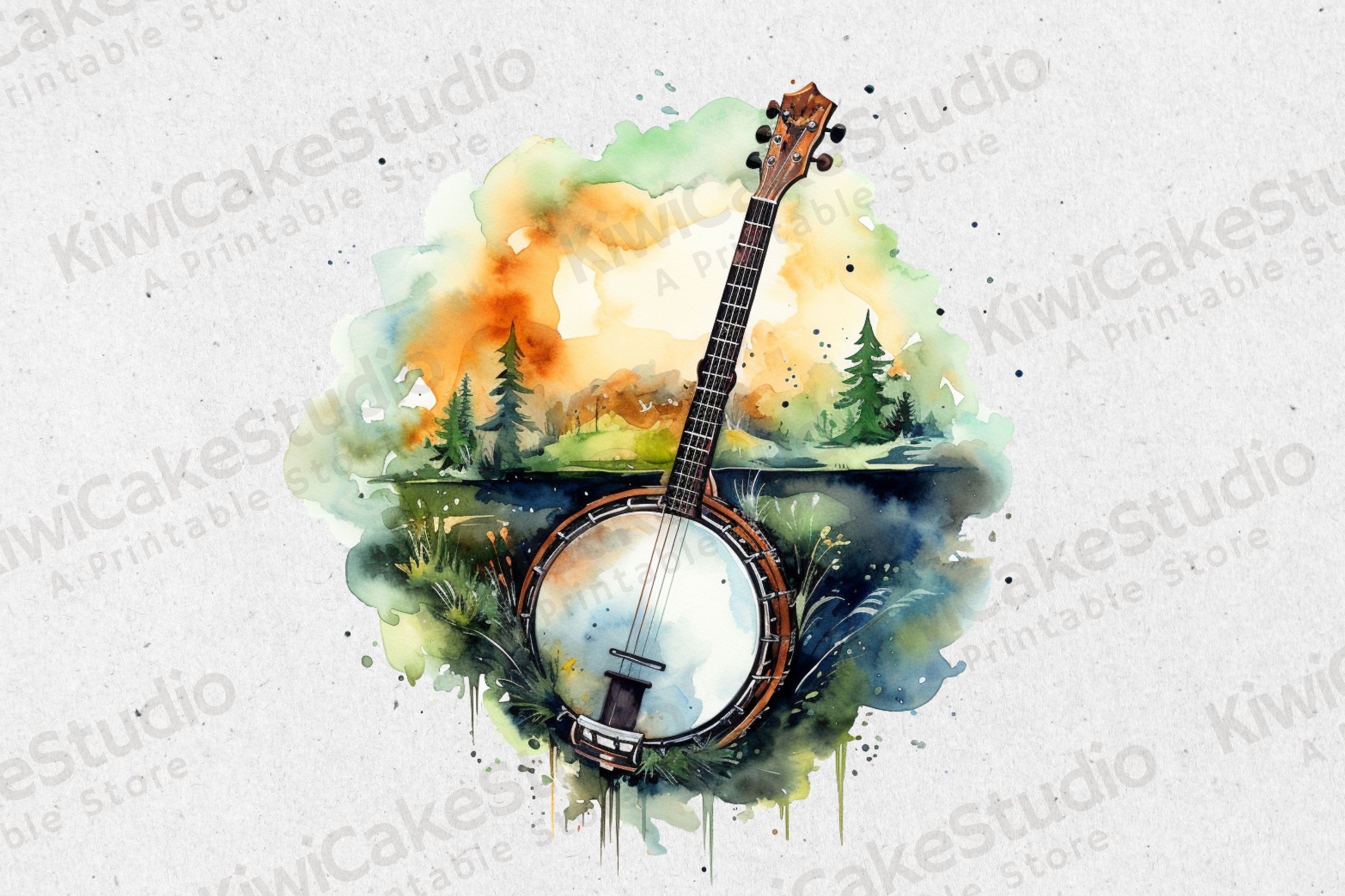Watercolor Banjo Clipart, 10 High Quality Jpgs, Commercial Use, Instant ...