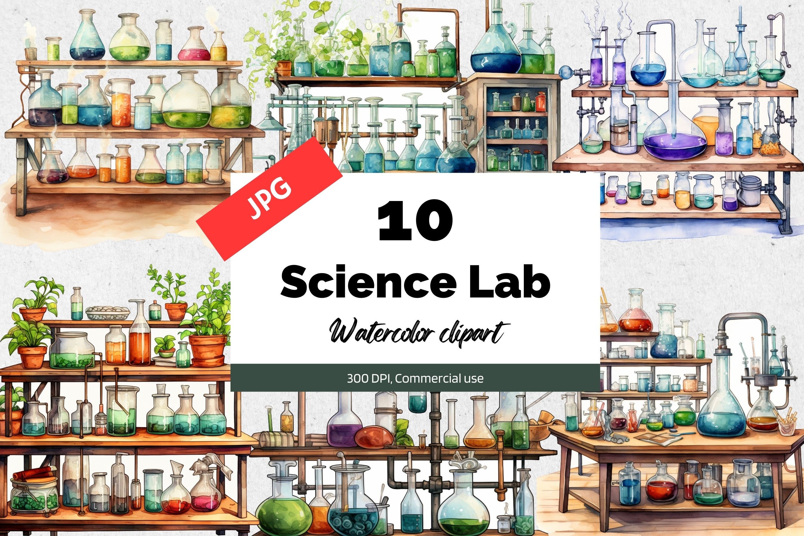 Watercolor Science Lab Clipart, 10 High Quality Jpgs, Commercial Use ...