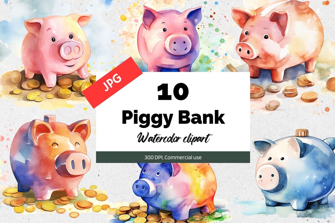 Watercolor Piggy Bank Clipart, 10 High Quality Jpgs, Commercial Use ...