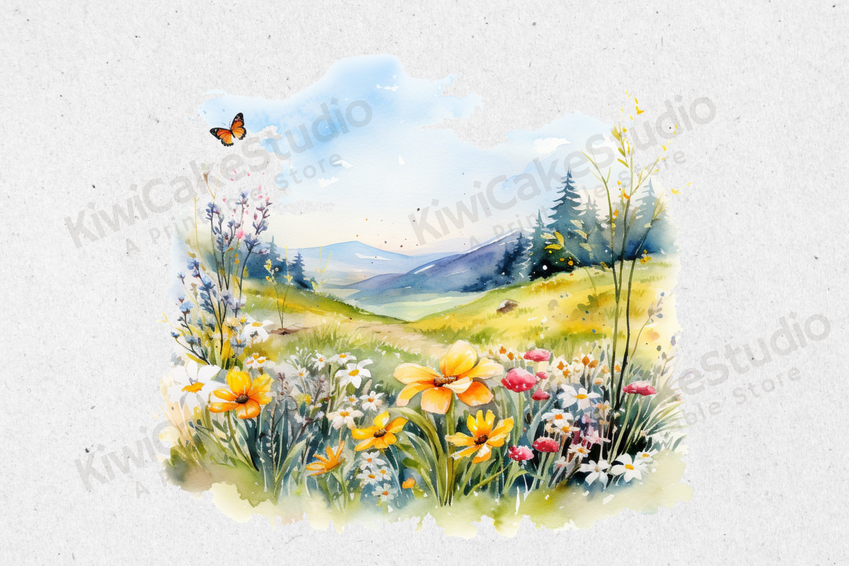Watercolor Spring Meadow Clipart, Wildflower Field Landscapes, Summer ...