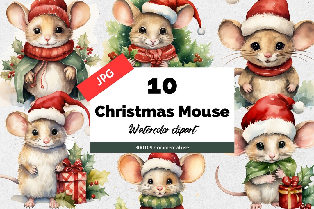 Watercolor Christmas Mouse Clipart, 10 High Quality Jpgs, Commercial ...