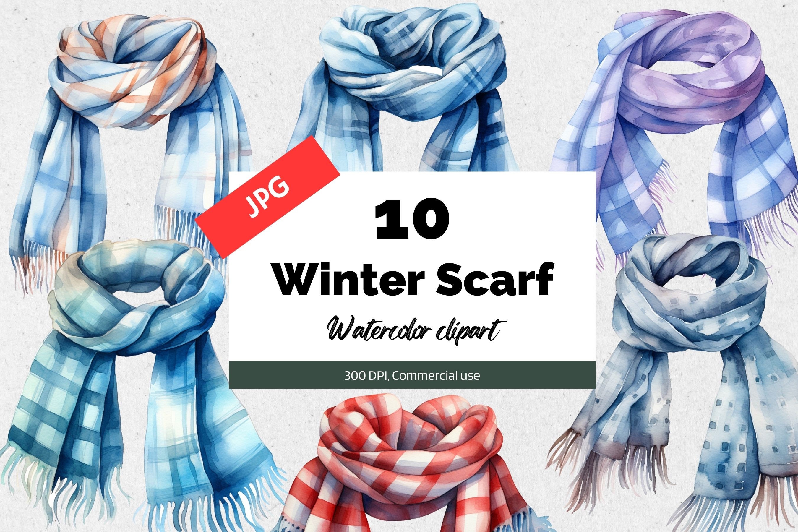 Watercolor Winter Scarf Clipart, 10 High Quality Jpgs, Commercial Use ...