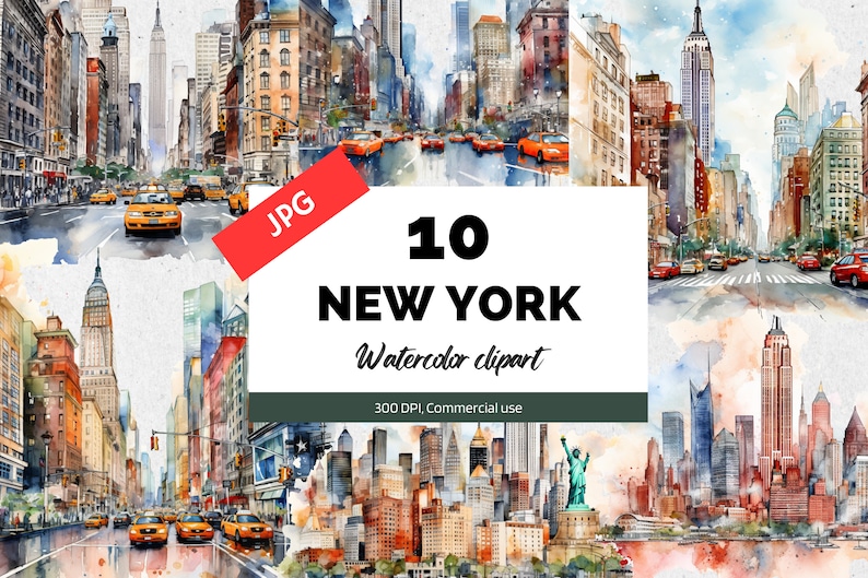 Watercolor New York City Clipart, 10 High Quality Jpgs, City Cliparts ...