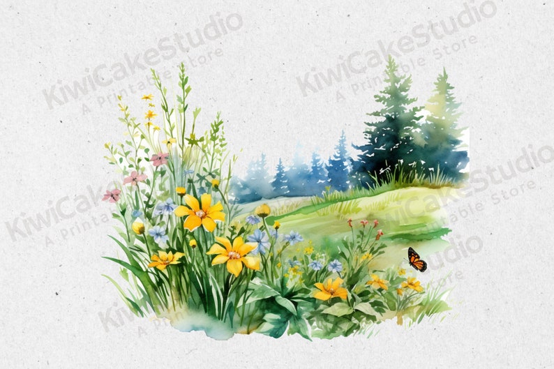 Watercolor Spring Meadow Clipart, Wildflower Field Landscapes, Summer ...