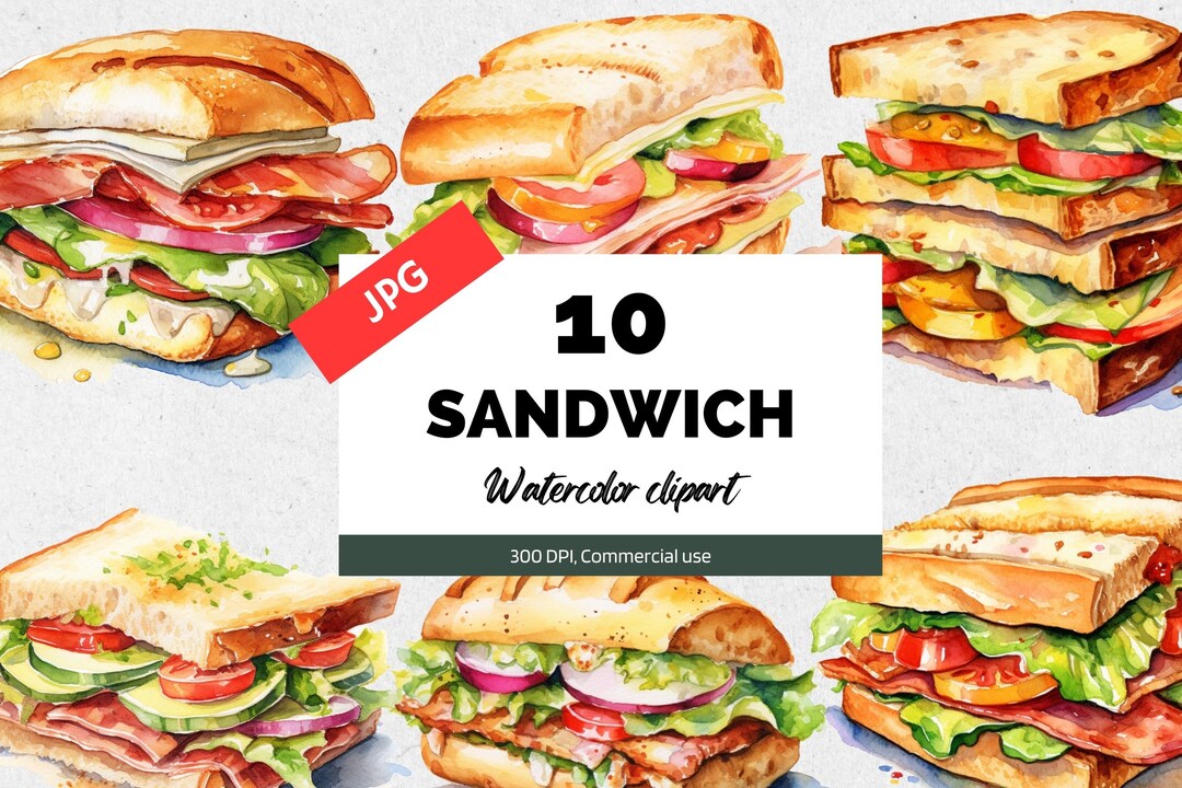 Watercolor Sandwich Clipart, 10 High Quality Jpgs, Breakfast Clip Art ...