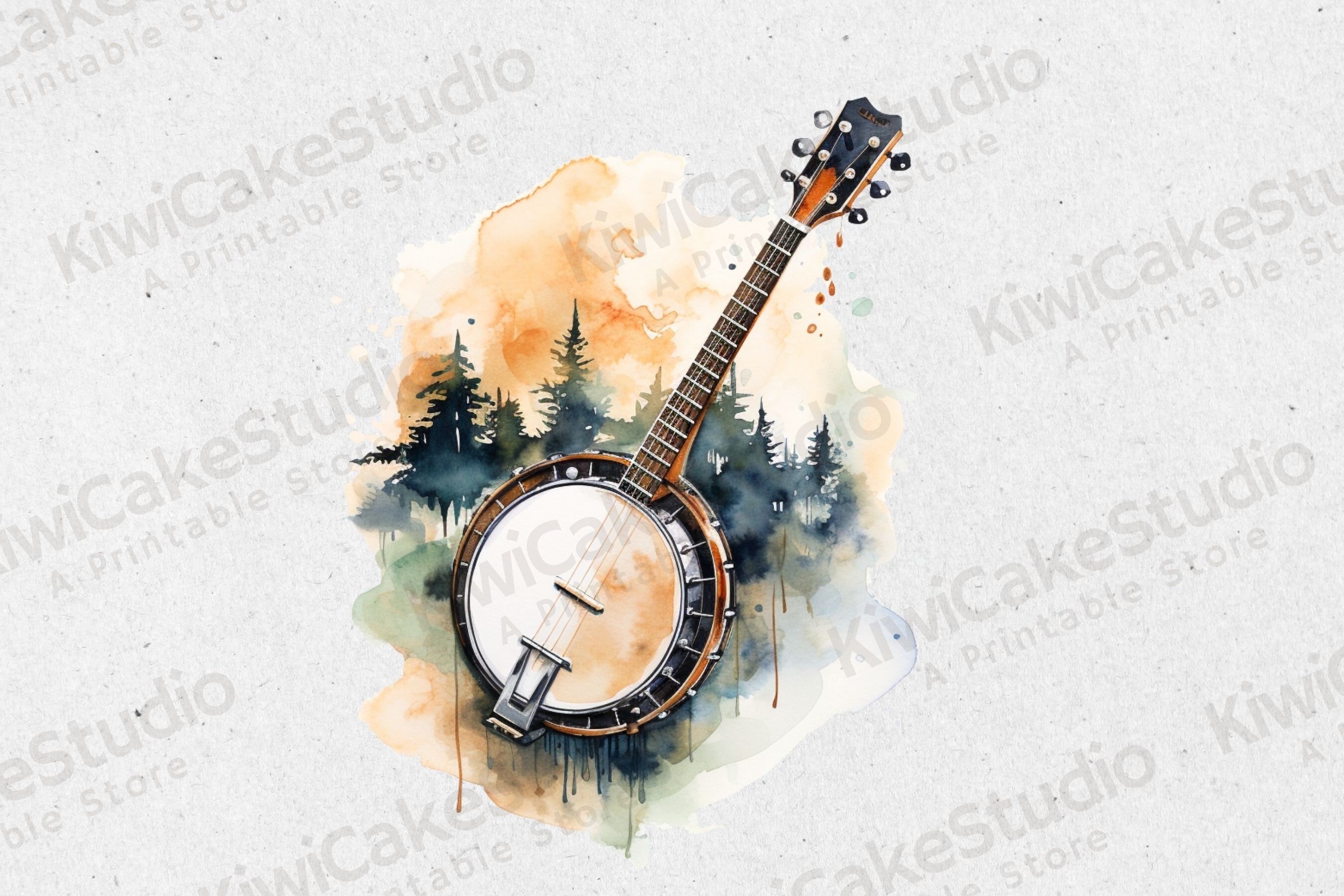 Watercolor Banjo Clipart, 10 High Quality Jpgs, Commercial Use, Instant ...