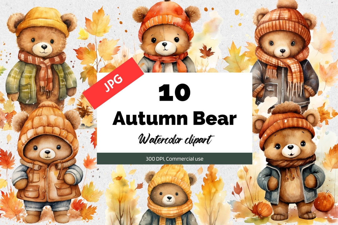 Watercolor Autumn Bear Clipart, 10 High Quality JPG, Commercial Use ...