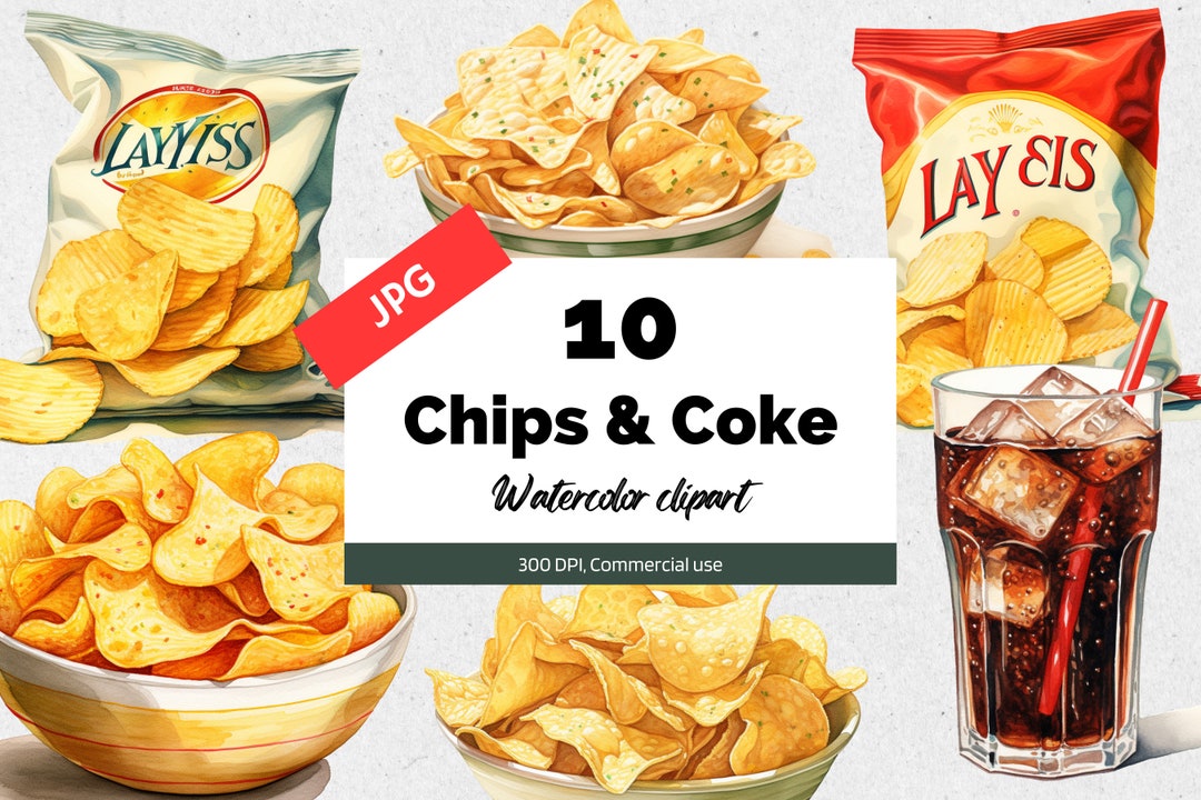 Watercolor Chips and Coke Clipart, 10 High Quality Jpgs, Commercial Use ...