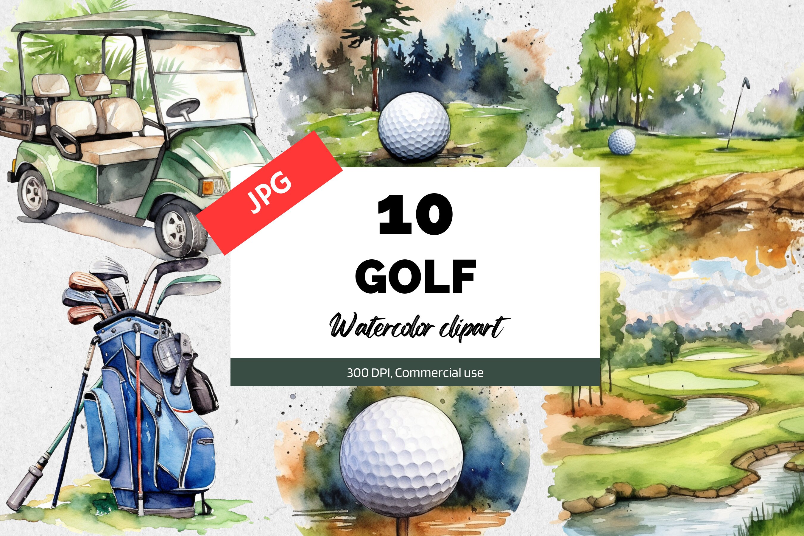 10 Watercolor Golf Clipart JPG, Cute Golf Clip Art Graphics, Commercial ...