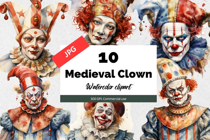 Watercolor Medieval Clown Clipart, 10 High Quality Jpgs, Commercial Use ...