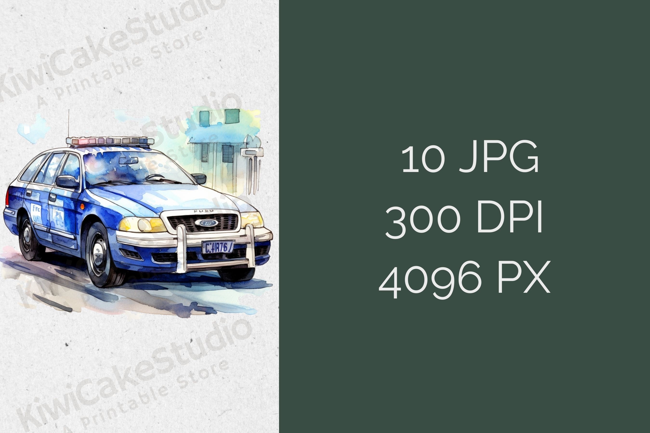 Watercolor Police Car Clipart, 10 High Quality Jpgs, Commercial Use ...
