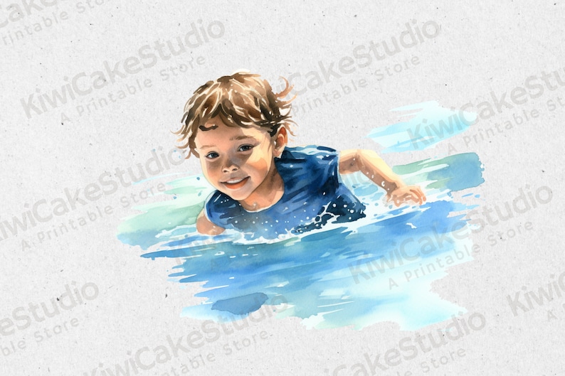 Watercolor Swimming Boys, 10 High Quality Jpgs, Commercial Use, Summer ...