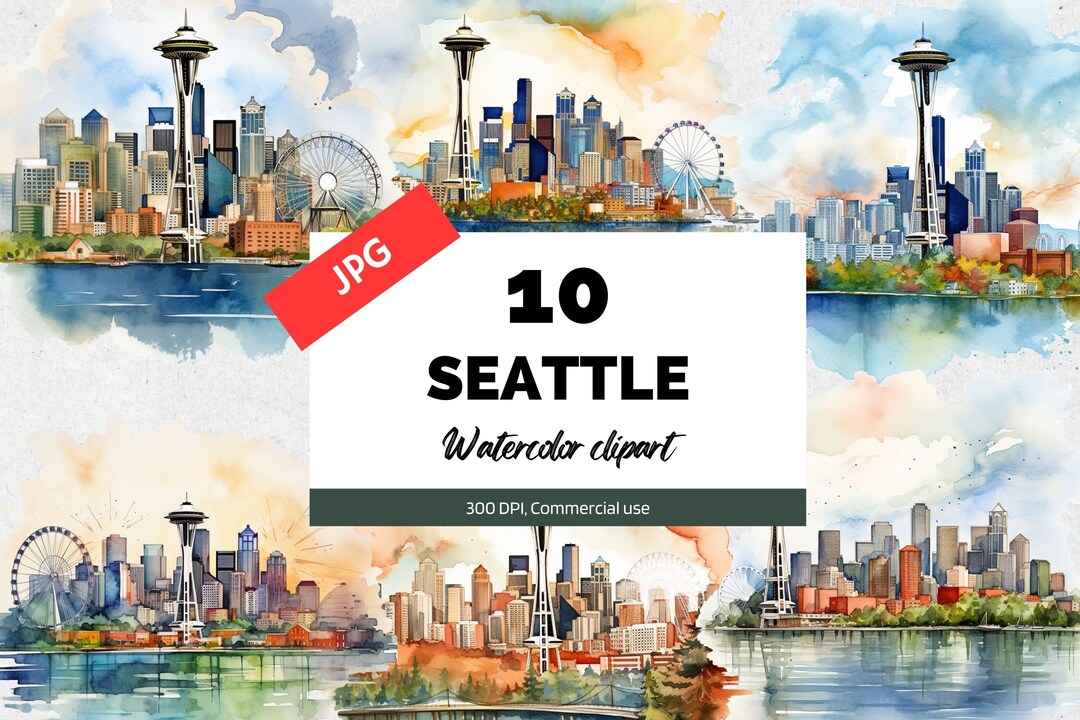 Watercolor Seattle Clipart, 10 High Quality Jpgs, Commercial Use ...