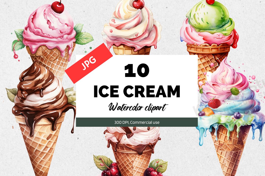 Watercolor Ice Cream Clipart, 10 High Quality Jpgs, Summer Clip Art ...
