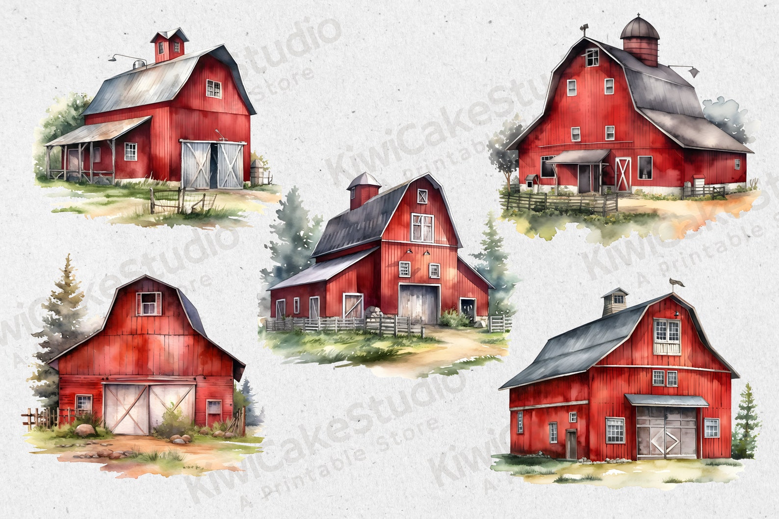 Watercolor Farmhouse Clipart, Red Barn, Farm House Bundle PNG, Farmers ...