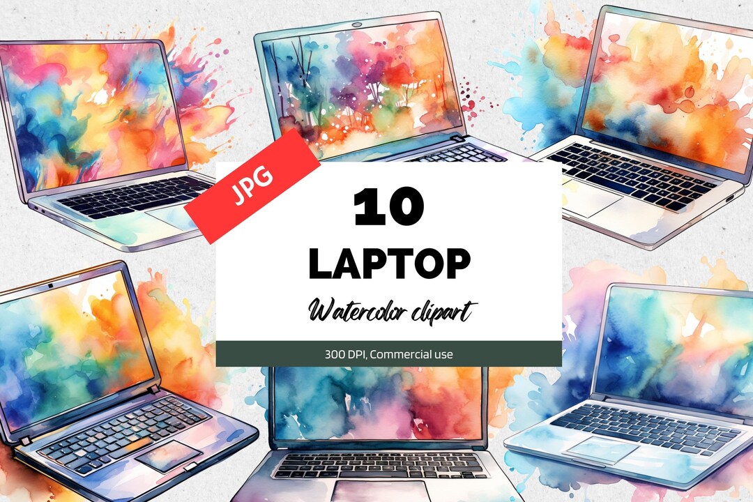 Watercolor Laptop Clipart, 10 High Quality Jpgs, Commercial Use ...
