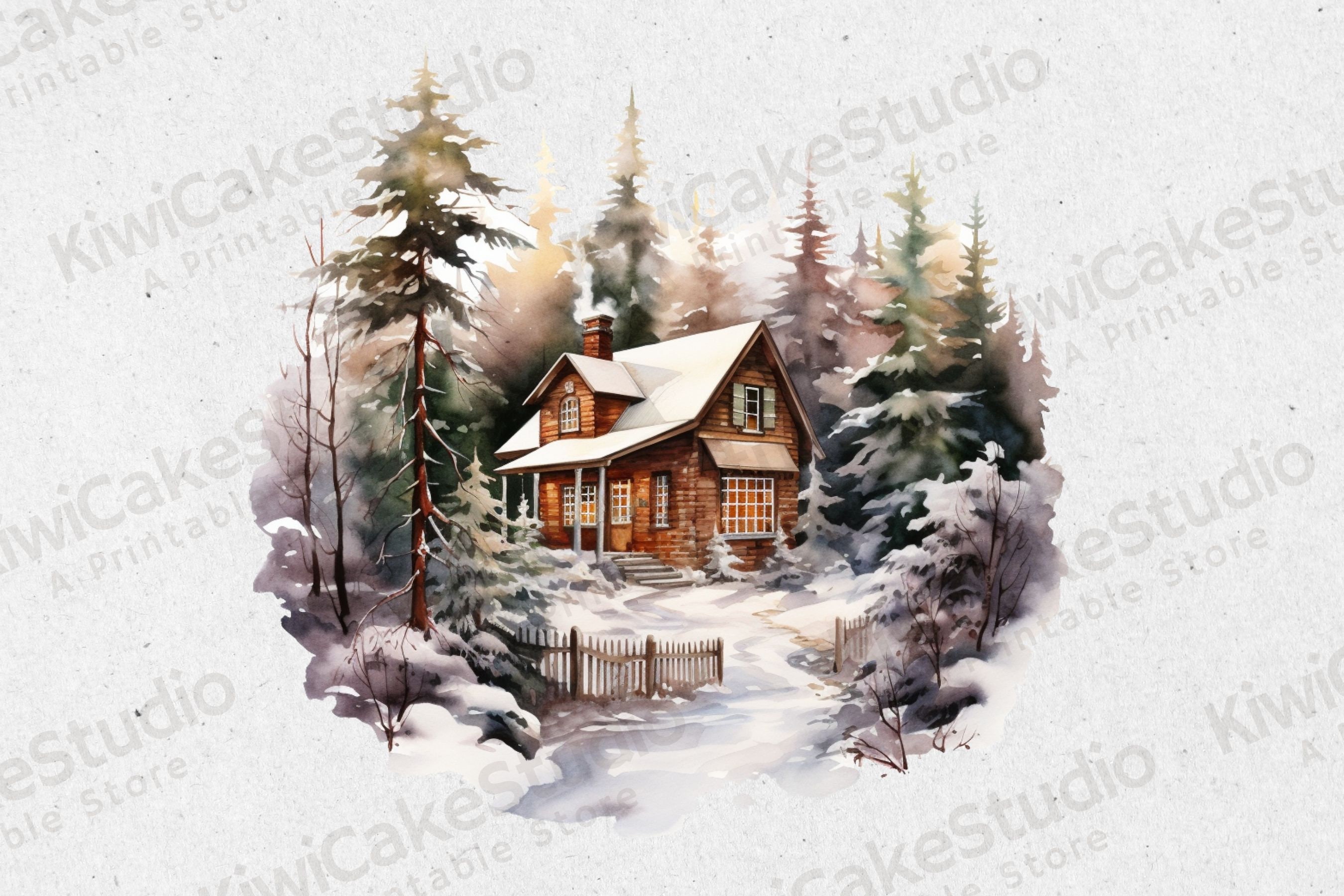 Watercolor Winter Cabin Clipart, 10 High Quality Jpgs, Commercial Use ...