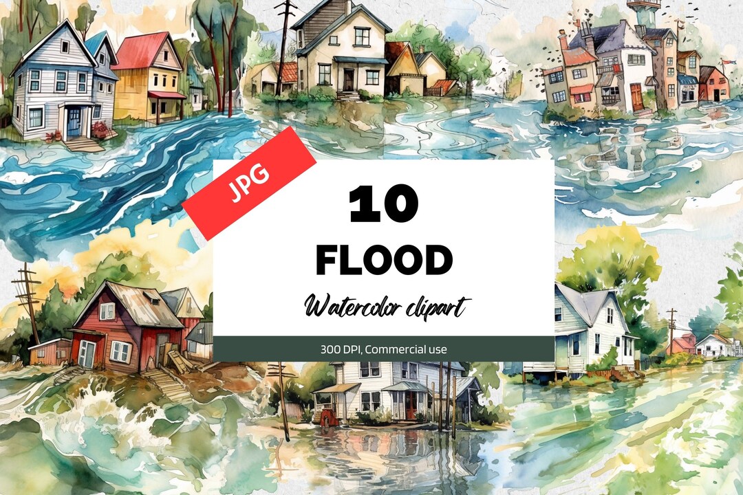 Watercolor Flood Clipart, 10 High Quality Jpgs, Commercial Use, Instant ...