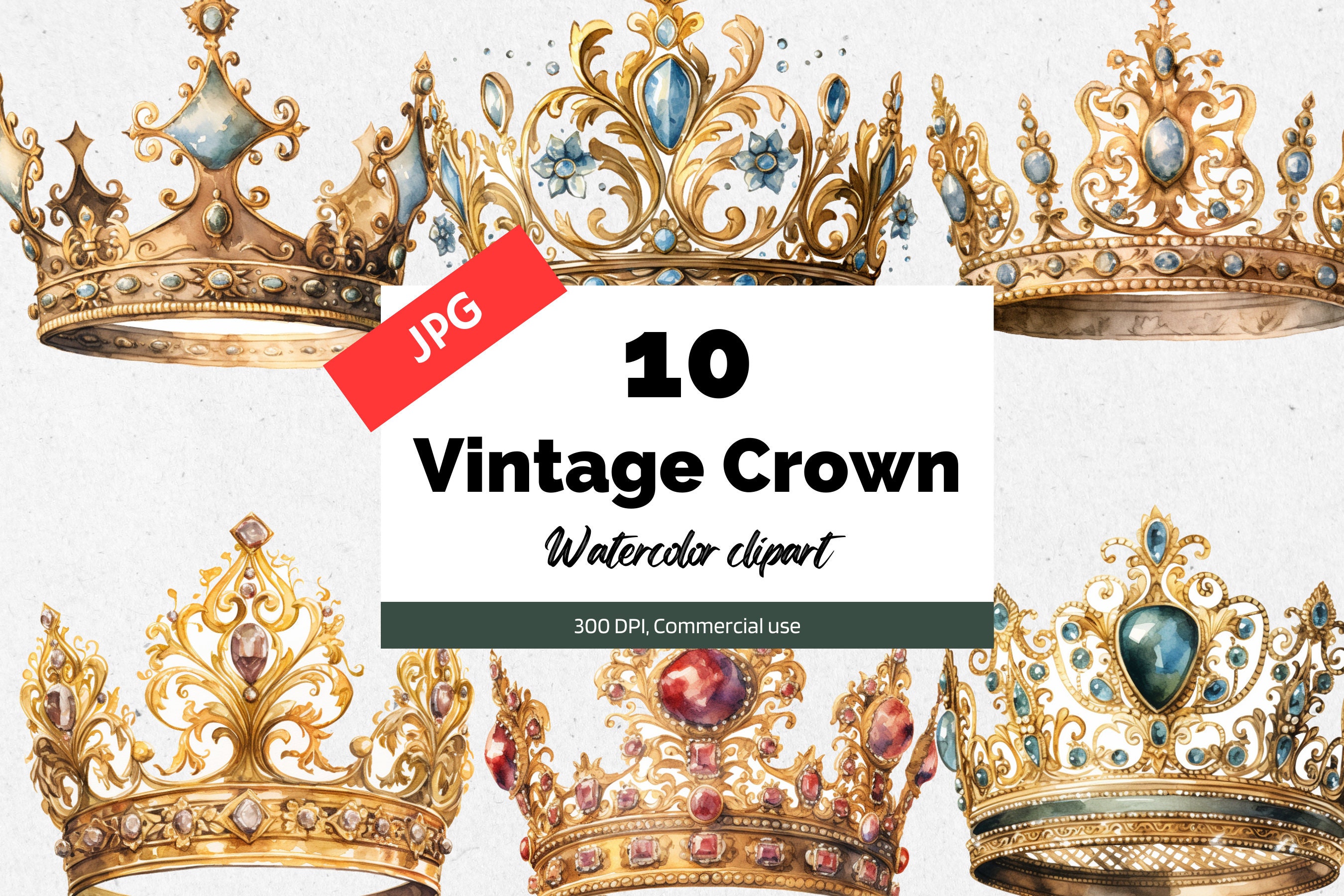 10 Watercolor Vintage Crown Clipart, High Quality Jpgs, Commercial Use ...
