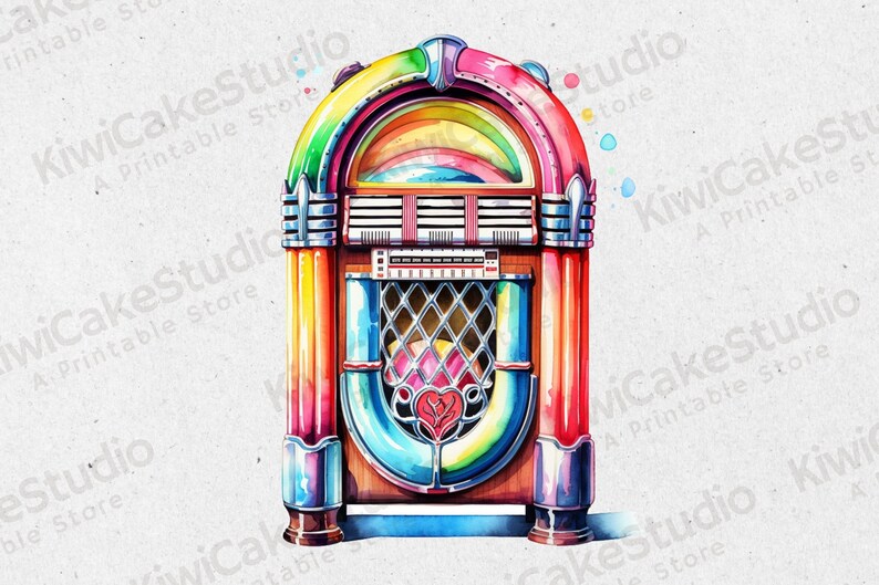 Watercolor Retro Jukebox Clipart, 10 High Quality Jpgs, Commercial Use ...