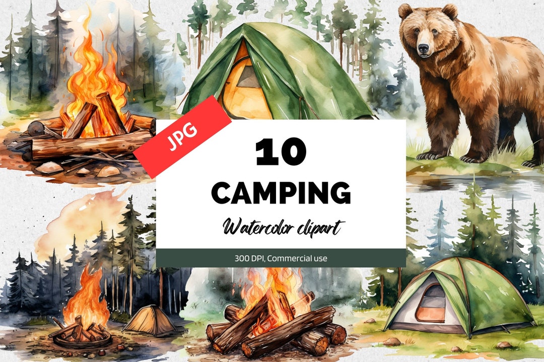 Watercolor Camping Clipart, 10 High Quality Jpgs, Commercial Use ...