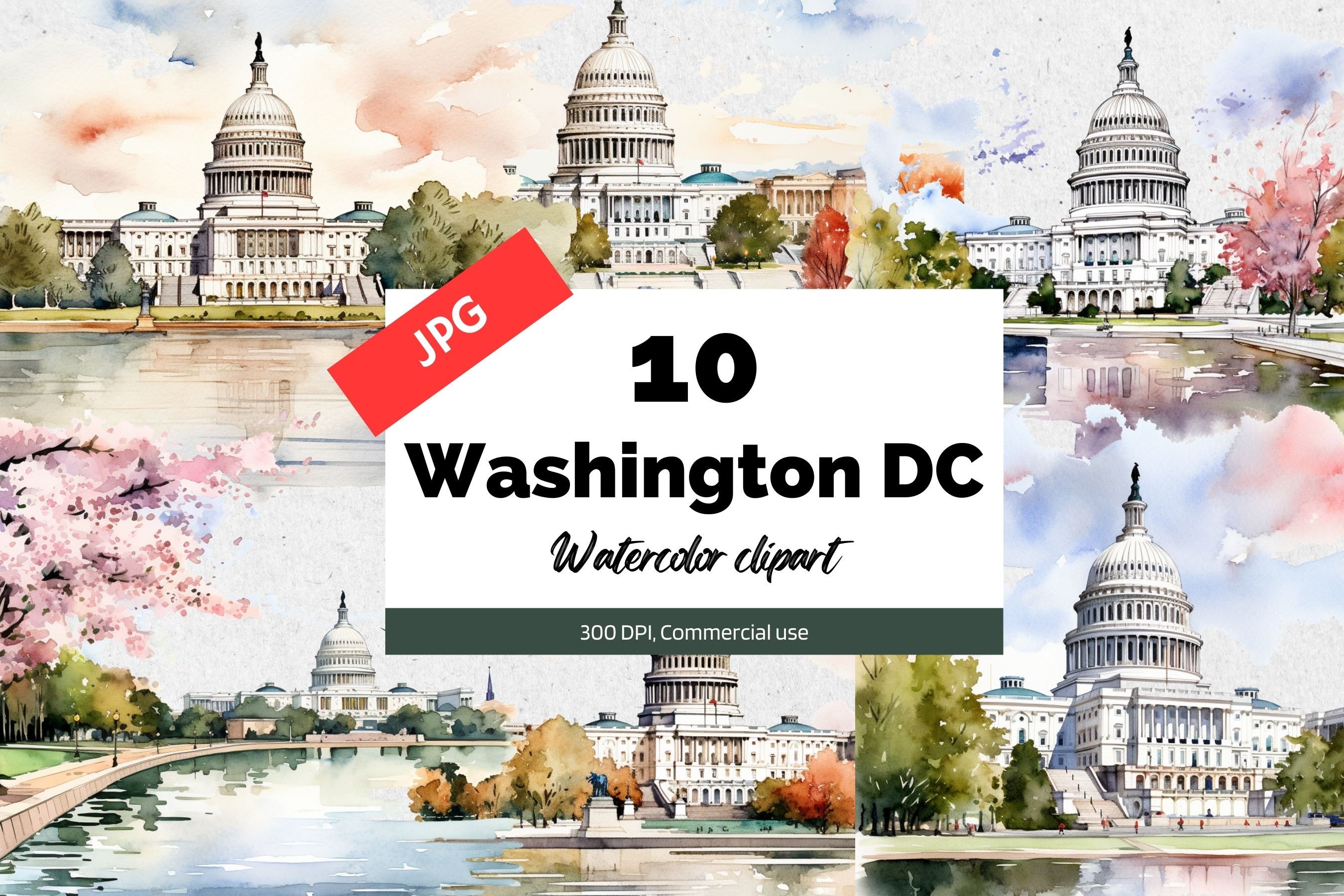 Watercolor Washington DC Clipart, 10 High Quality JPG, Commercial Use ...