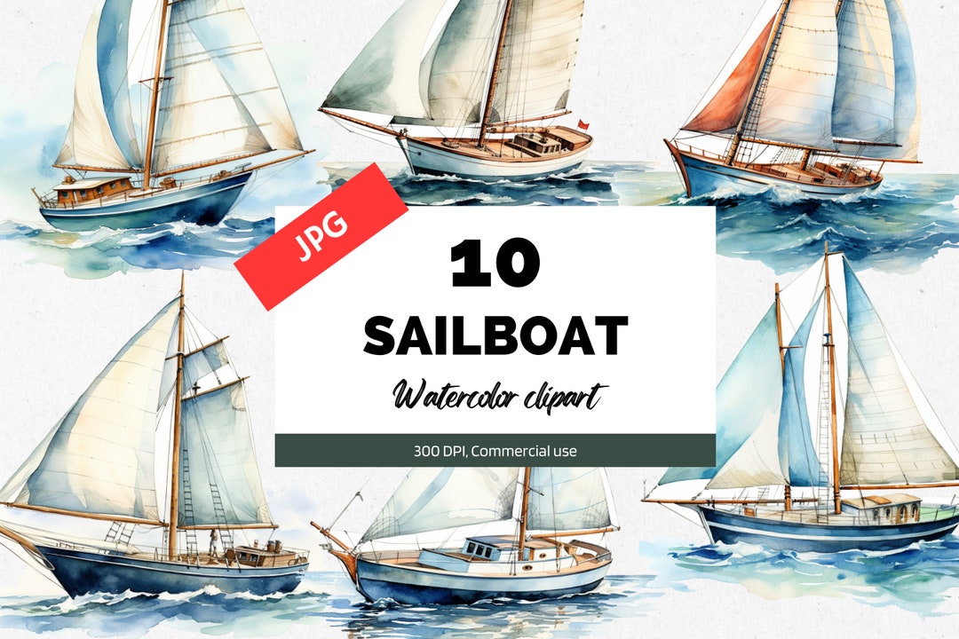 Watercolor Sailboat Clipart, 10 High Quality JPG, Commercial Use ...