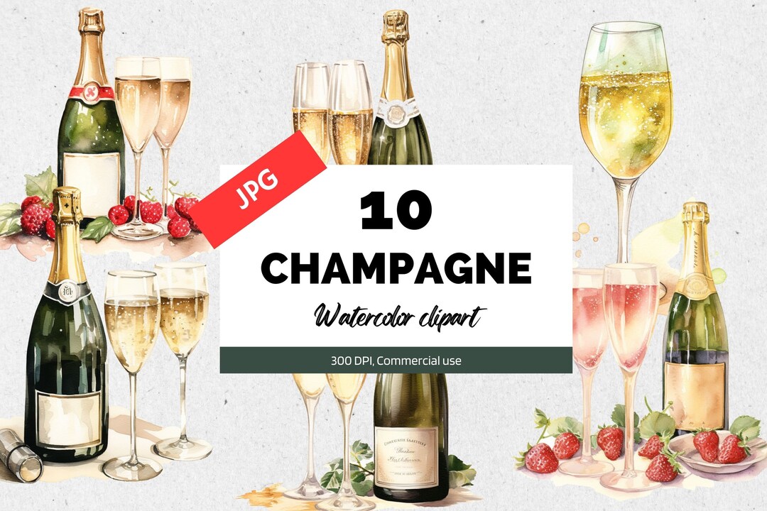 Watercolor Champagne Clipart, 10 High Quality Jpgs, Commercial Use ...