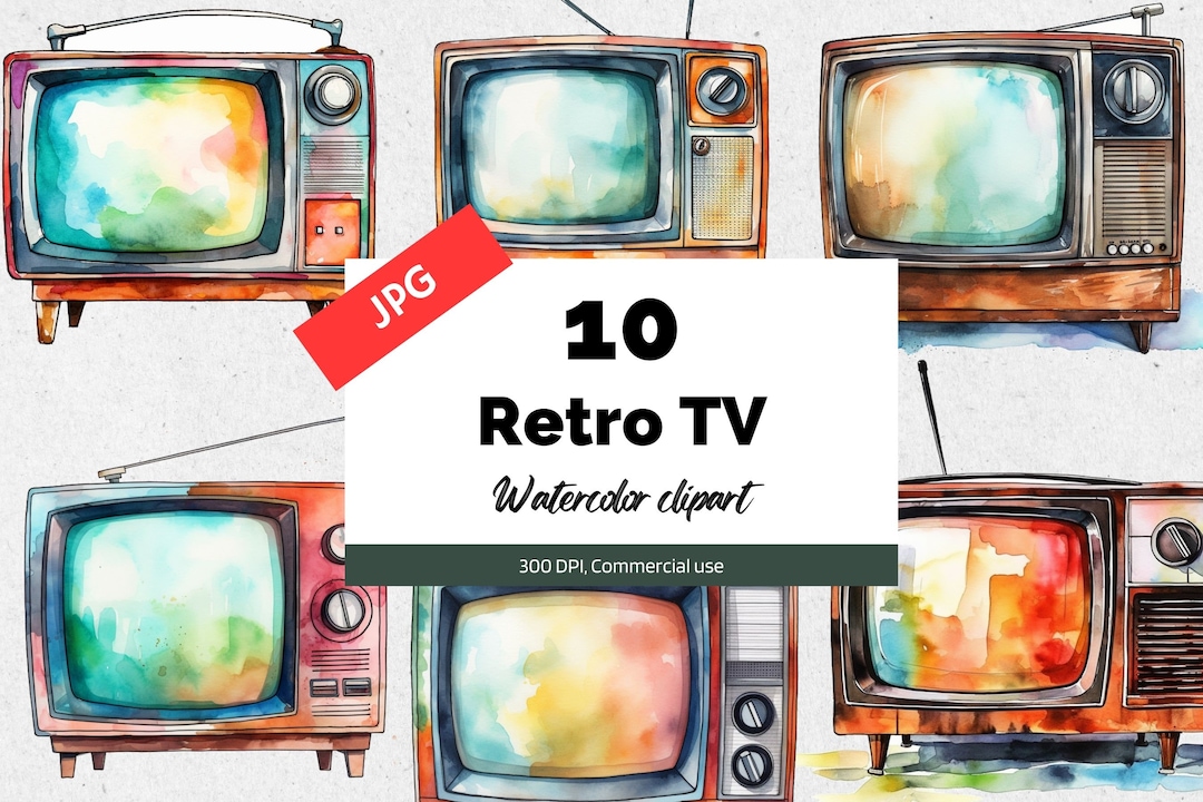 Watercolor Retro Television Clipart, 10 High Quality Jpgs, Commercial ...