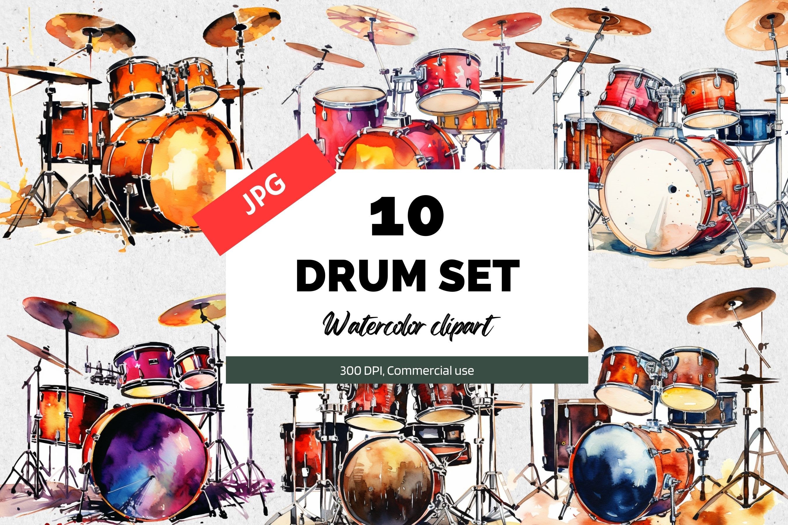 Watercolor Drum Set Clipart, 10 High Quality Jpgs, Commercial Use ...