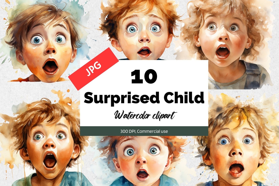 Watercolor Surprised Child Face Clipart, 10 High Quality Jpgs ...