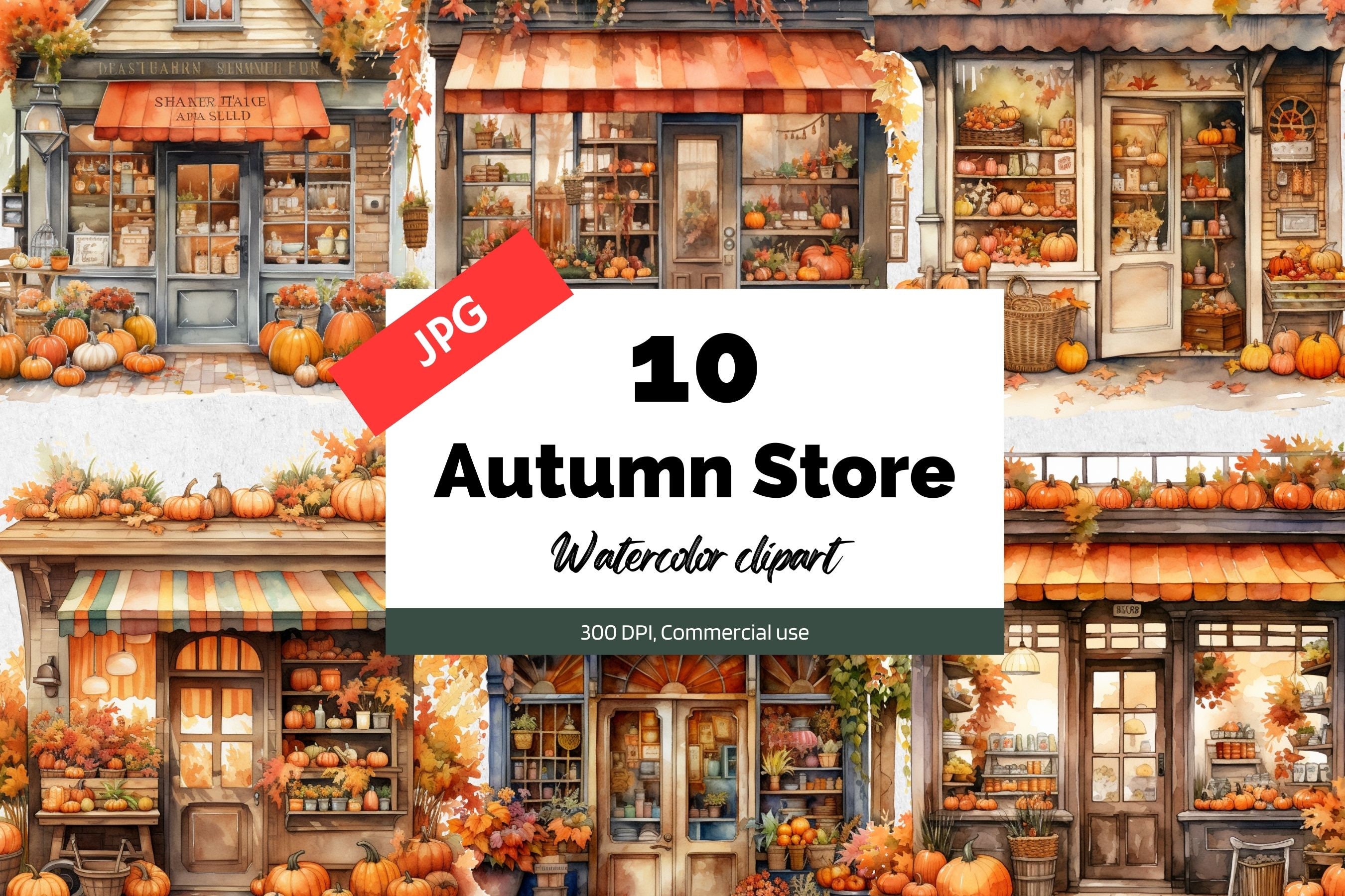 Watercolor Autumn Store Clipart, 10 High Quality Jpgs, Commercial Use ...