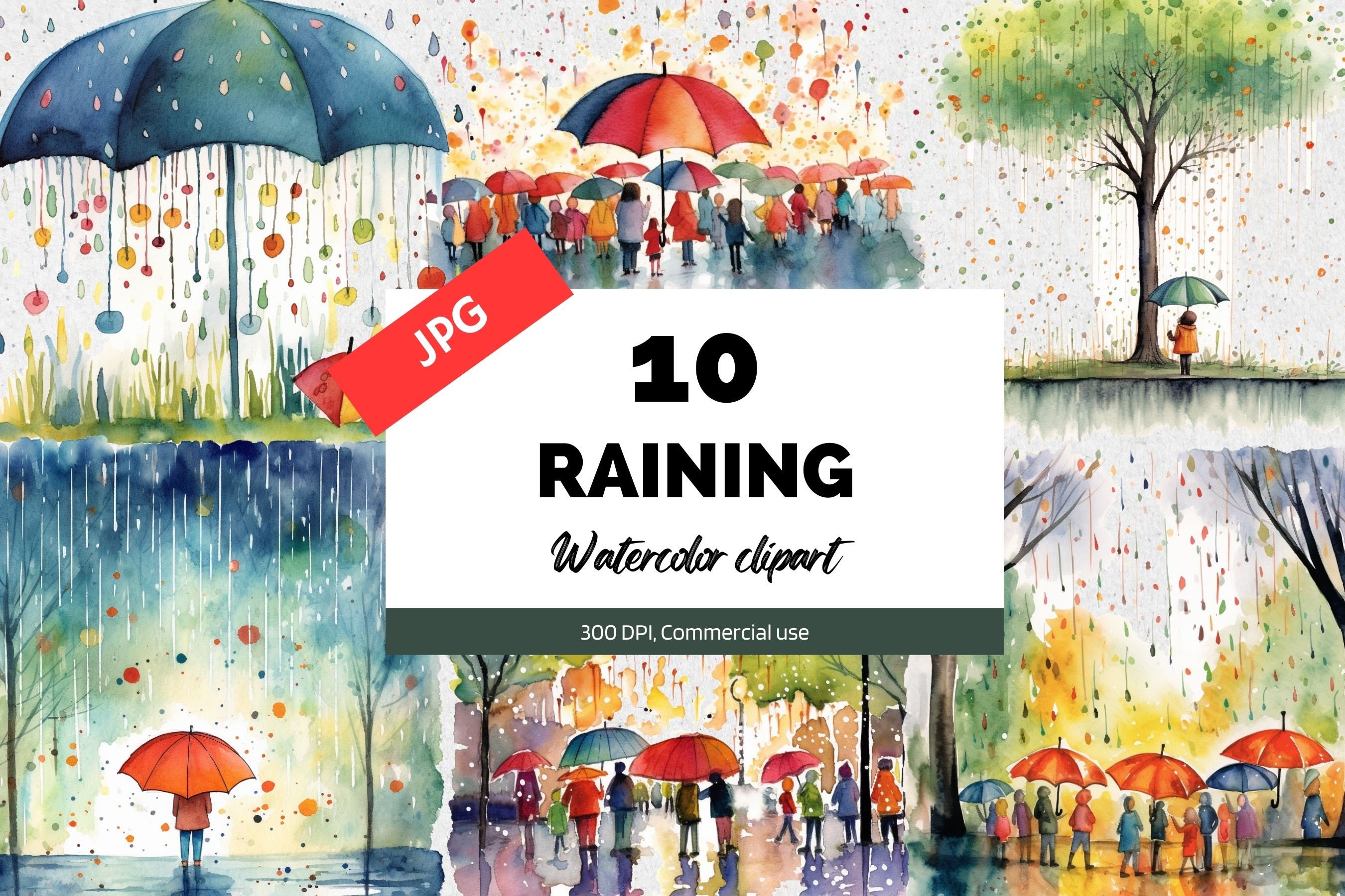 Watercolor Raining Clipart, 10 High Quality Jpgs, Commercial Use ...
