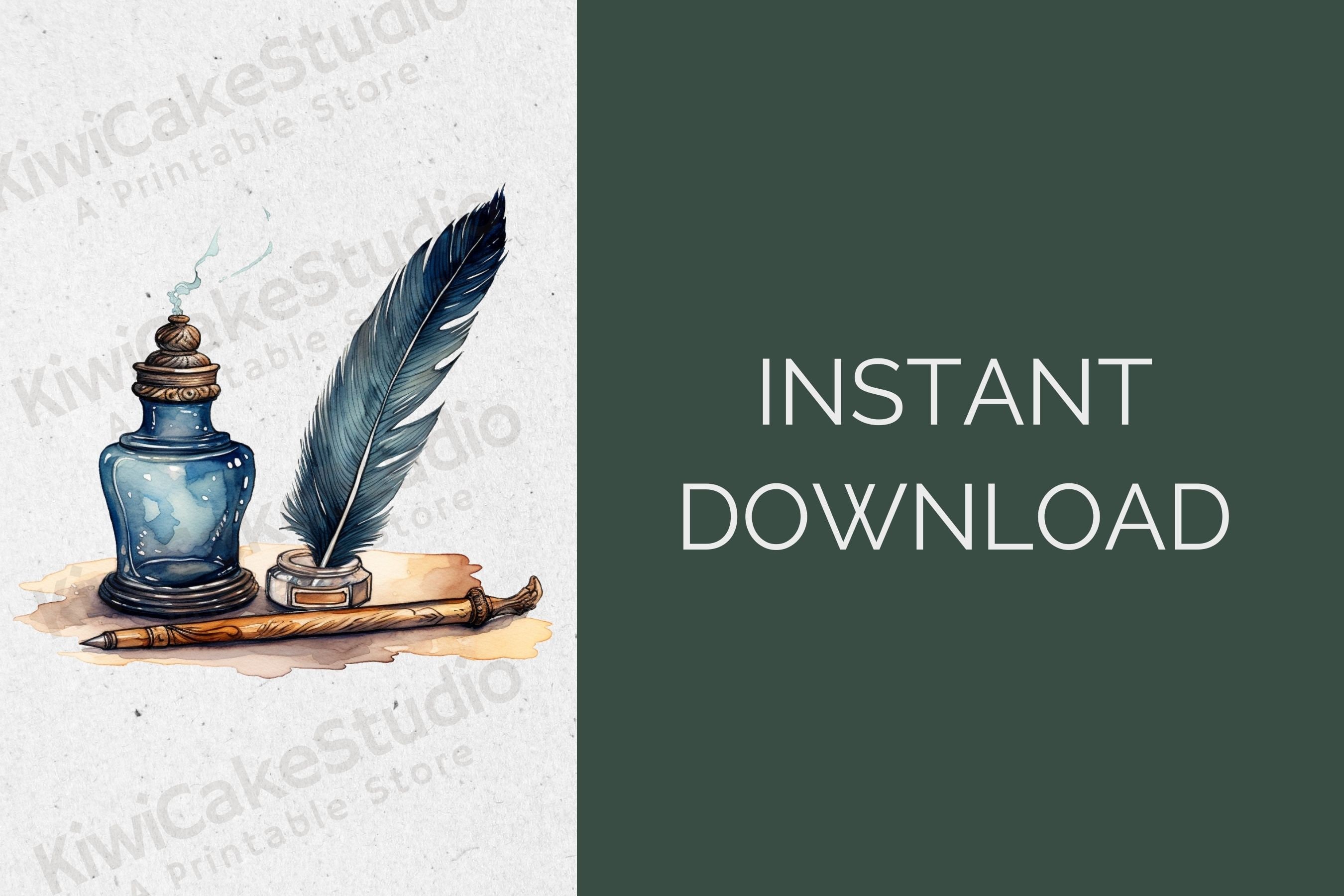 Watercolor Quill and Inkwell Clipart, 10 High Quality Jpgs, Commercial Use, Instant Download ...