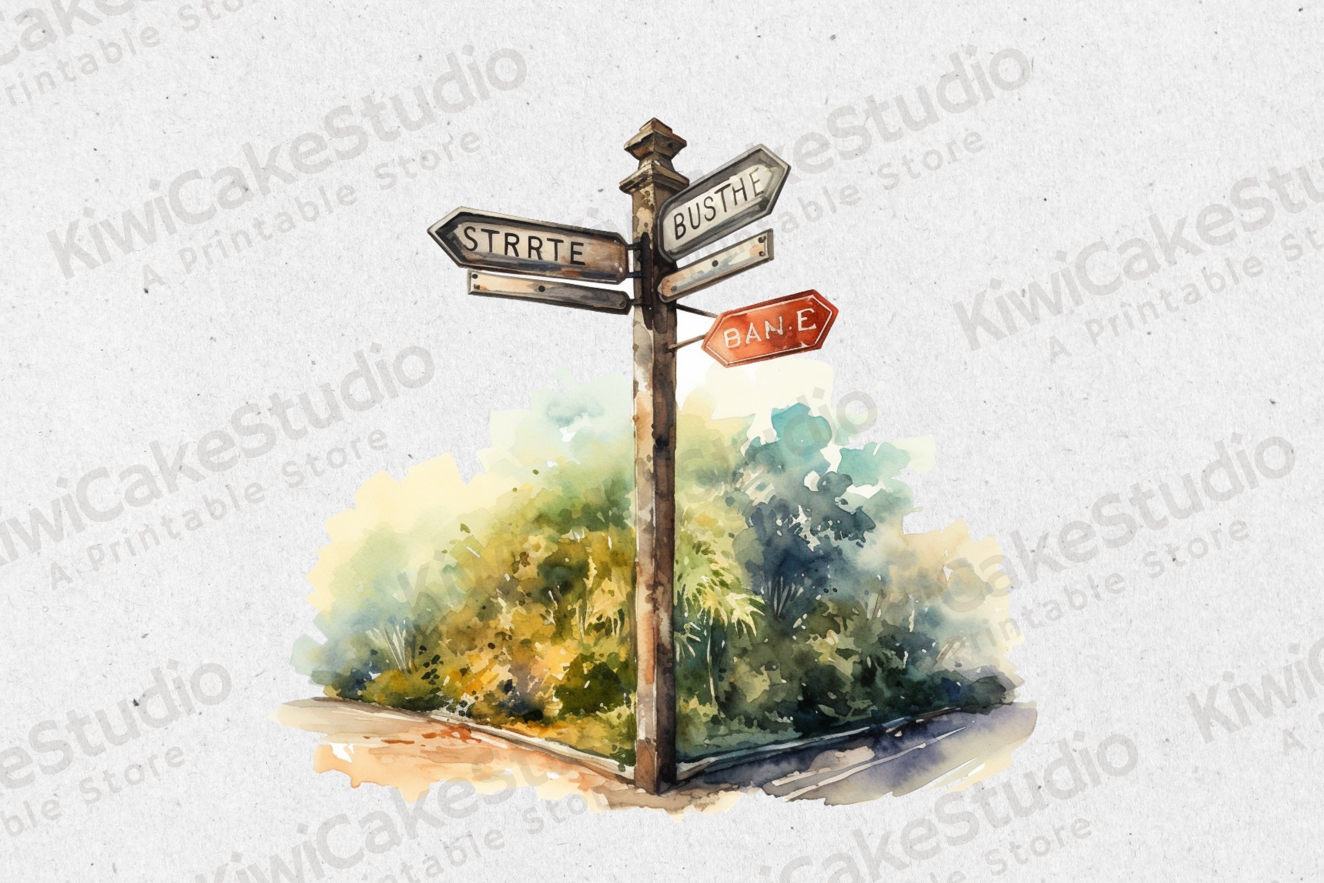 Watercolor Vintage Road Sign Clipart, 10 High Quality Jpgs, Commercial ...