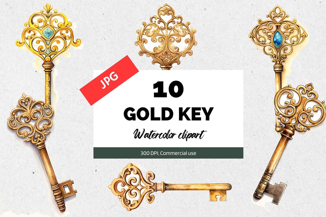 Watercolor Golden Key Clipart, 10 High Quality JPG, Commercial Use ...