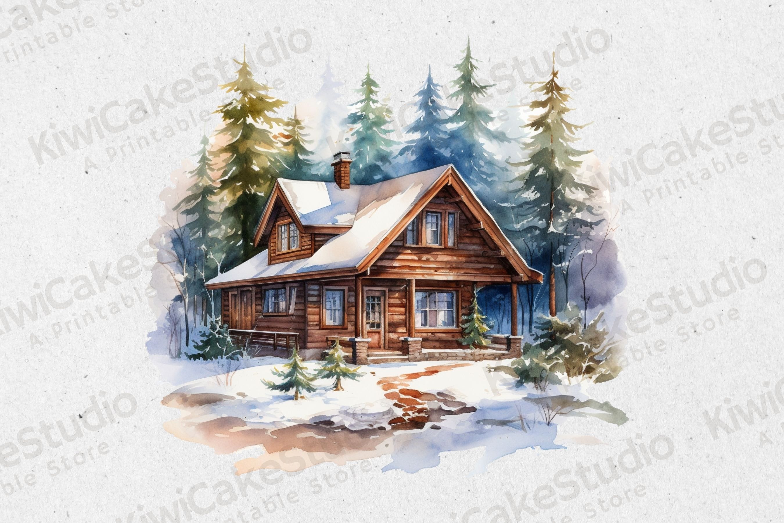 Watercolor Winter Cabin Clipart, 10 High Quality Jpgs, Commercial Use, Instant Download, Winter ...