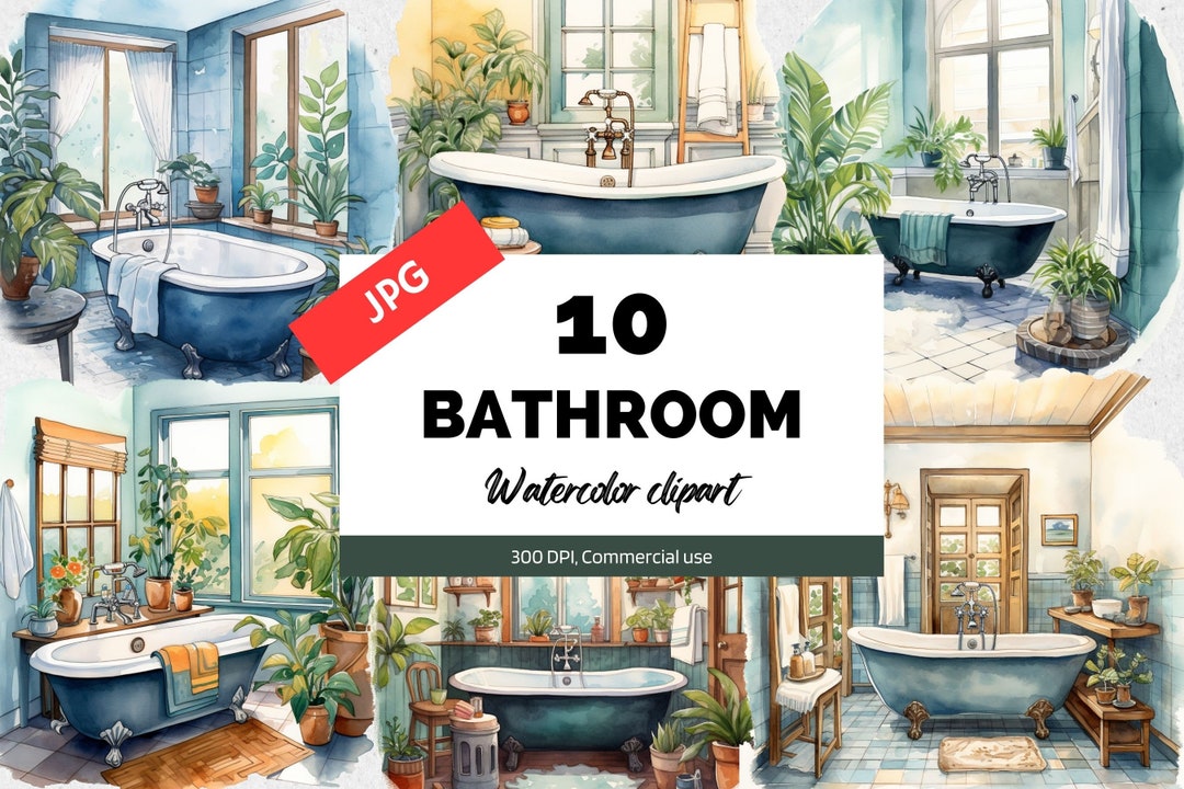 Watercolor Bathroom Clipart, 10 High Quality Jpgs, Commercial Use ...