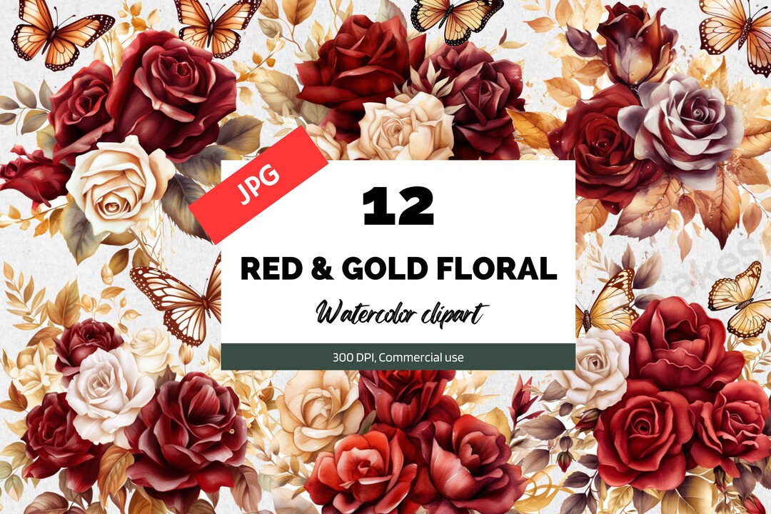 Red and Gold Floral Butterfly Clipart, 12 High Quality Jpgs, Red Rose ...